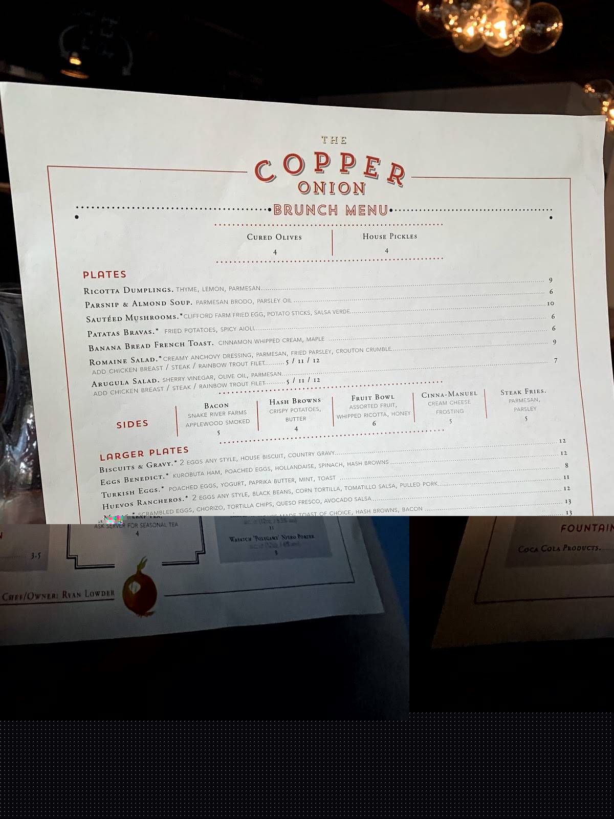 Menu at The Copper Onion restaurant, Salt Lake City