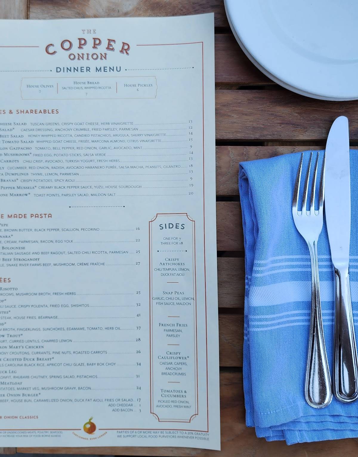 Menu at The Copper Onion restaurant, Salt Lake City