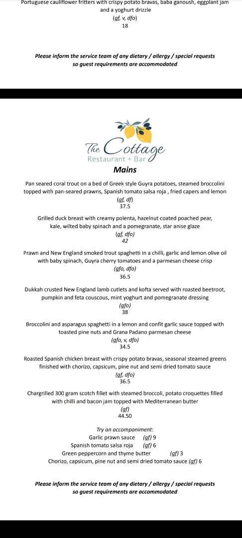Menu at The Cottage Restaurant and Bar, Armidale