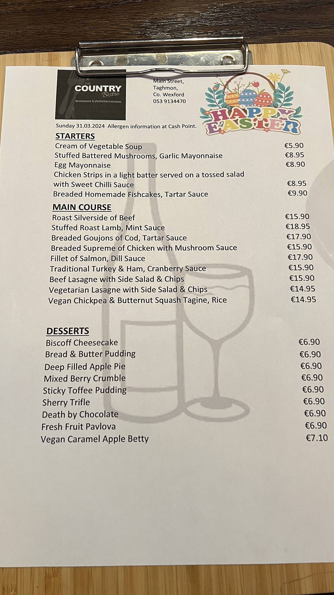 Menu at The Country Bistro restaurant, Taghmon