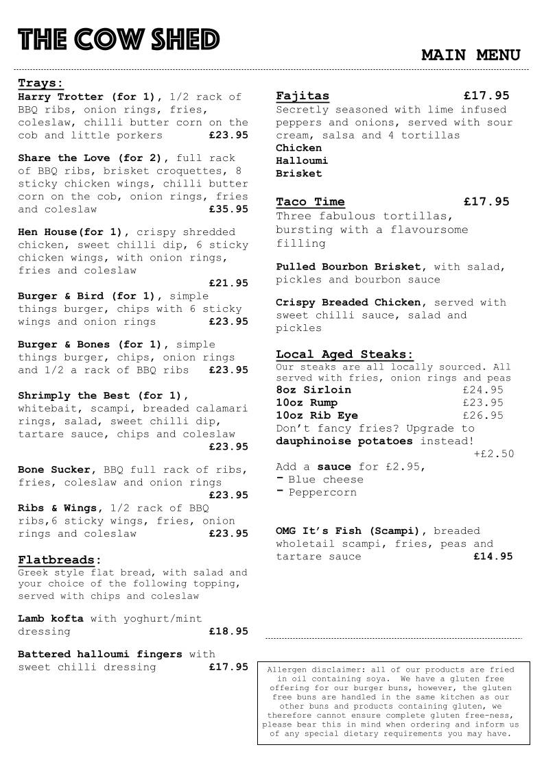 Menu at The Cow Shed restaurant, Brixham