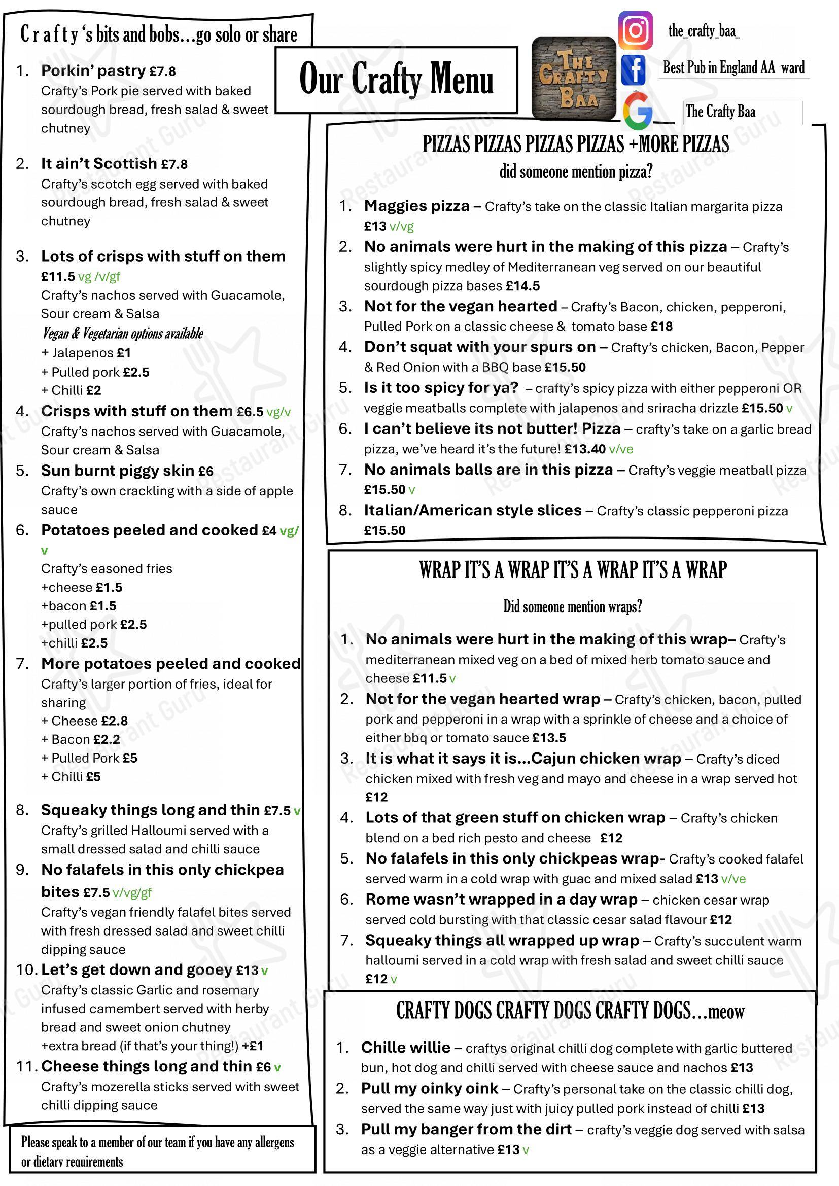 Menu at The Crafty Baa Windermere pub & bar, Windermere
