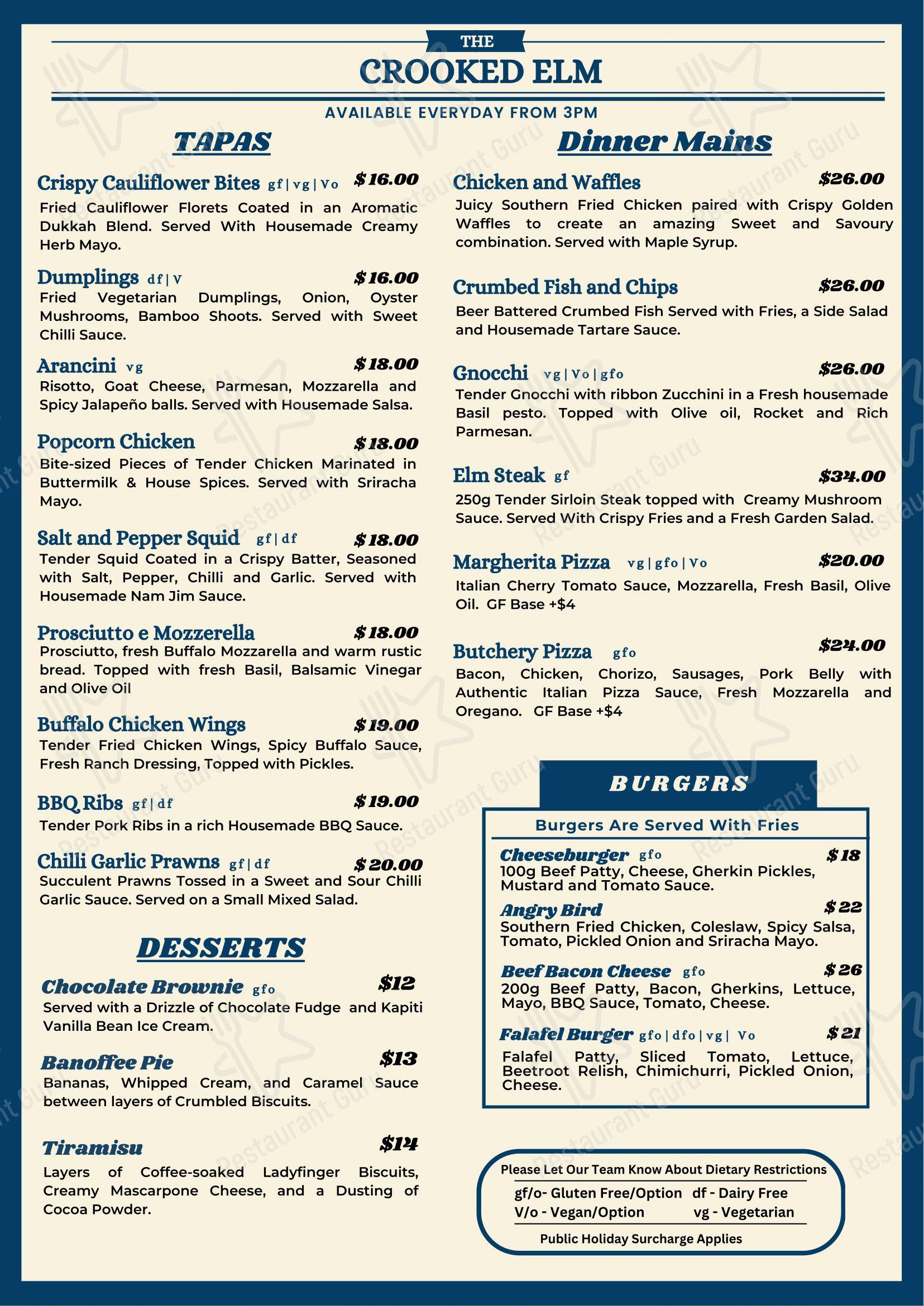Menu at The Crooked Elm pub & bar, Lower Hutt