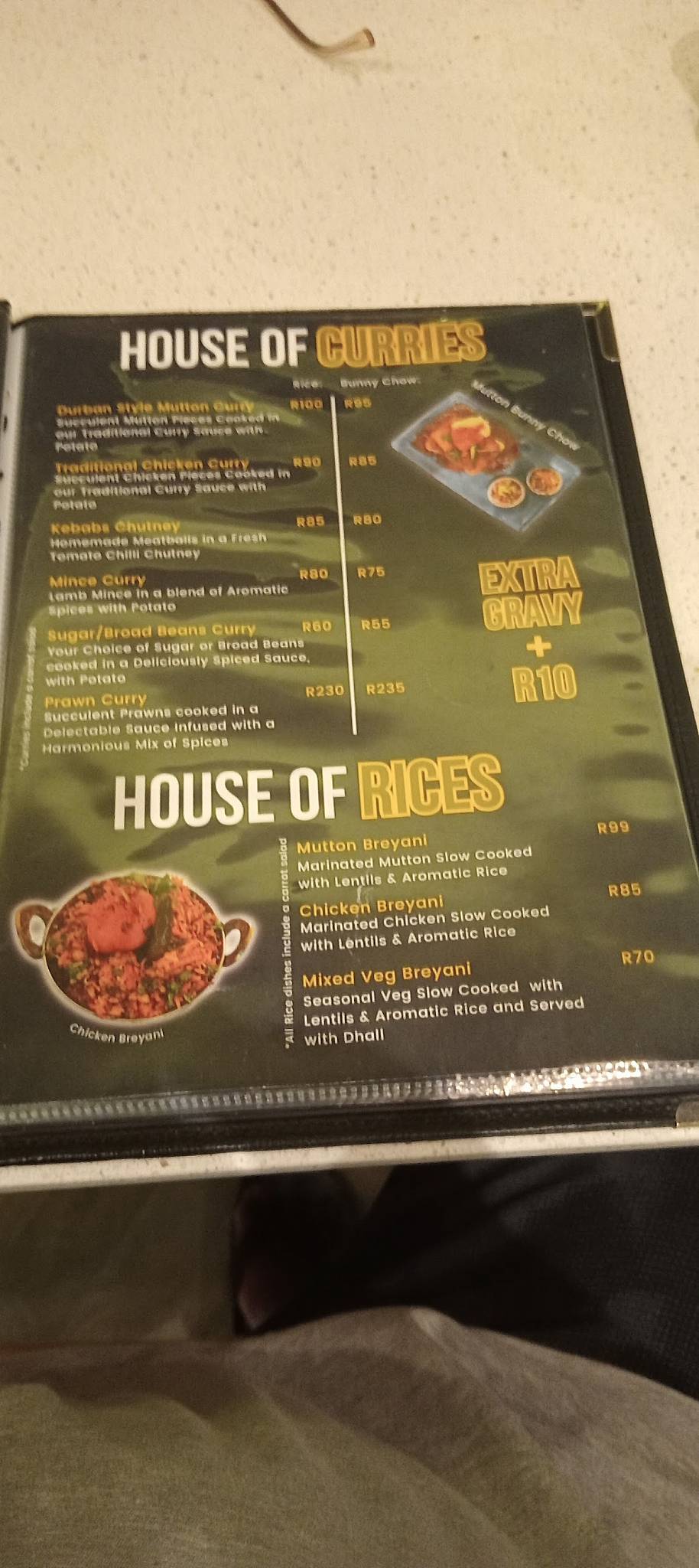 Menu at The Curry House restaurant, Durban