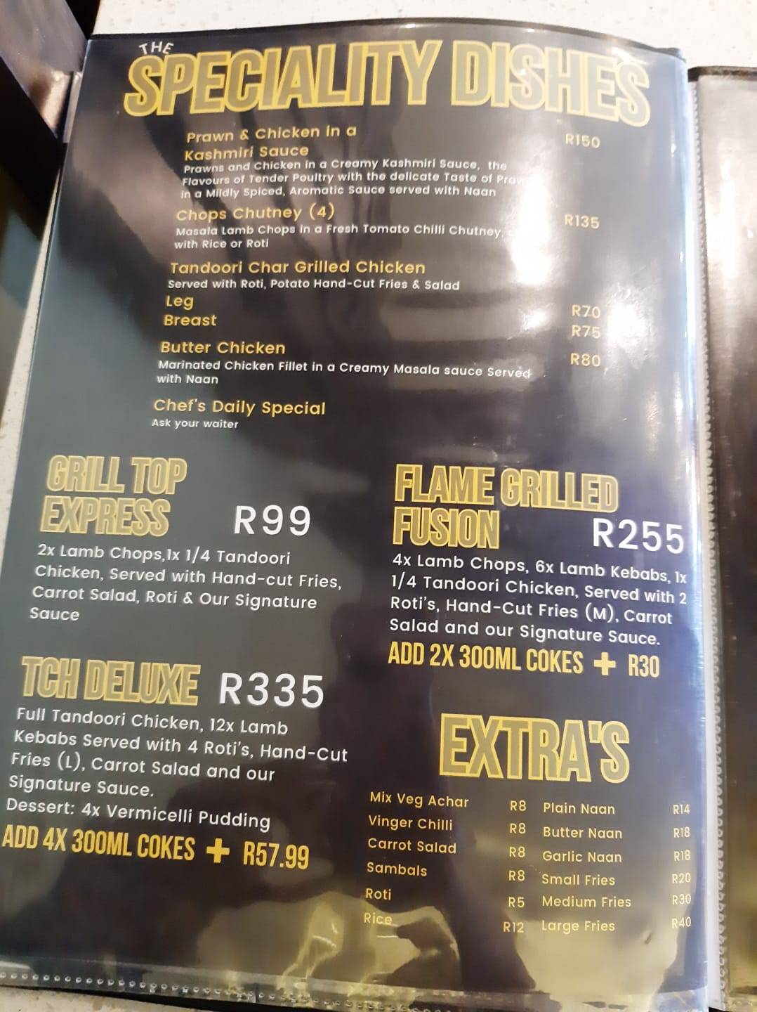 Menu at The Curry House restaurant, Durban