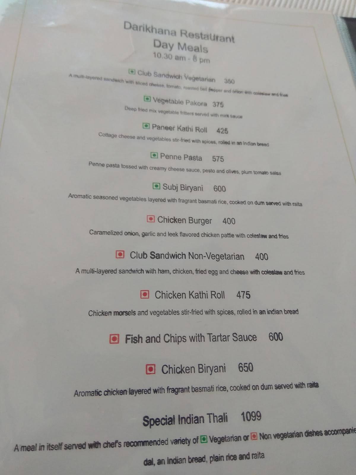 Menu at The Darikhana, Udaipur