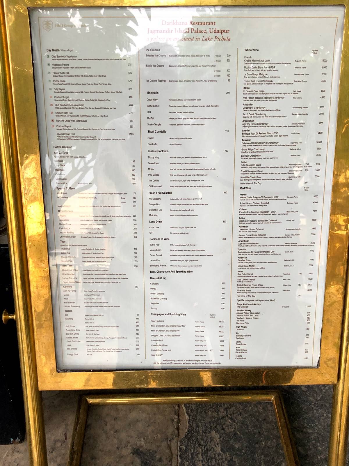 Menu at The Darikhana, Udaipur