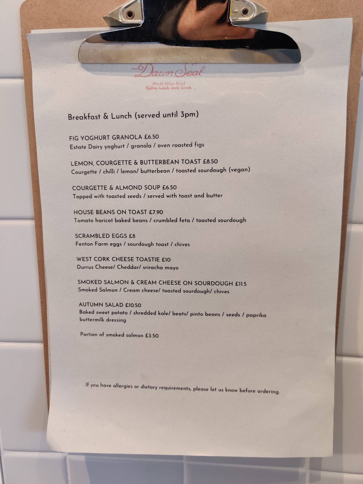 Menu at The Dawn Seal restaurant, London