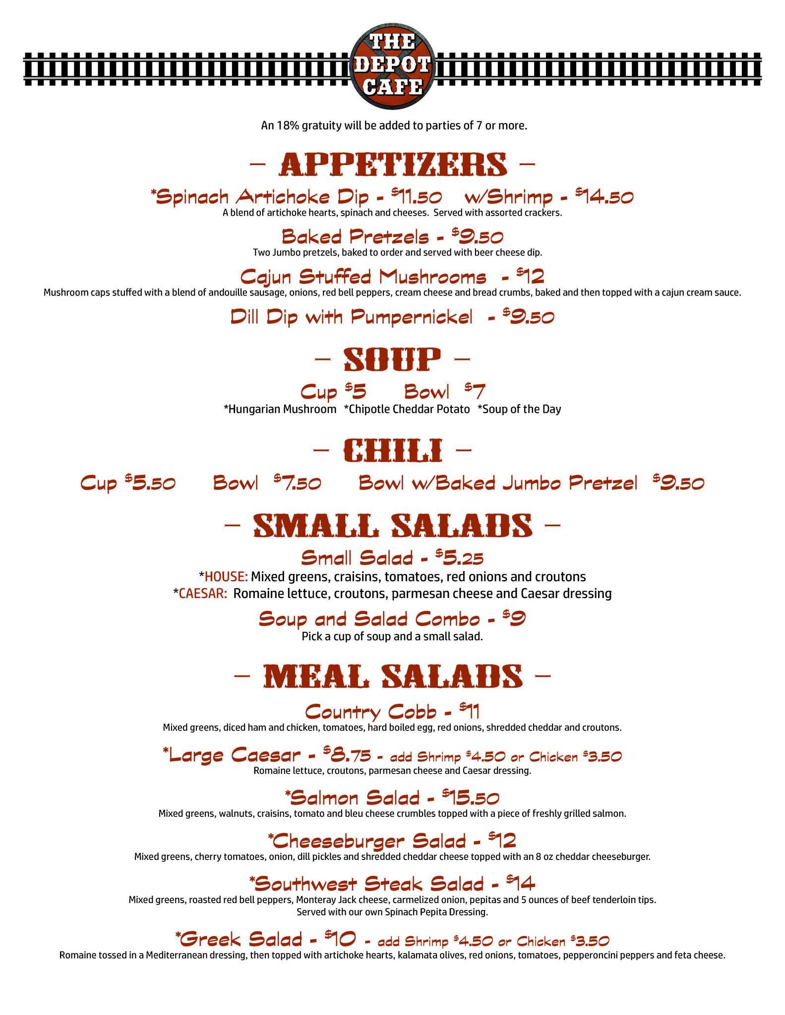Menu at The Depot Cafe, Fredericktown