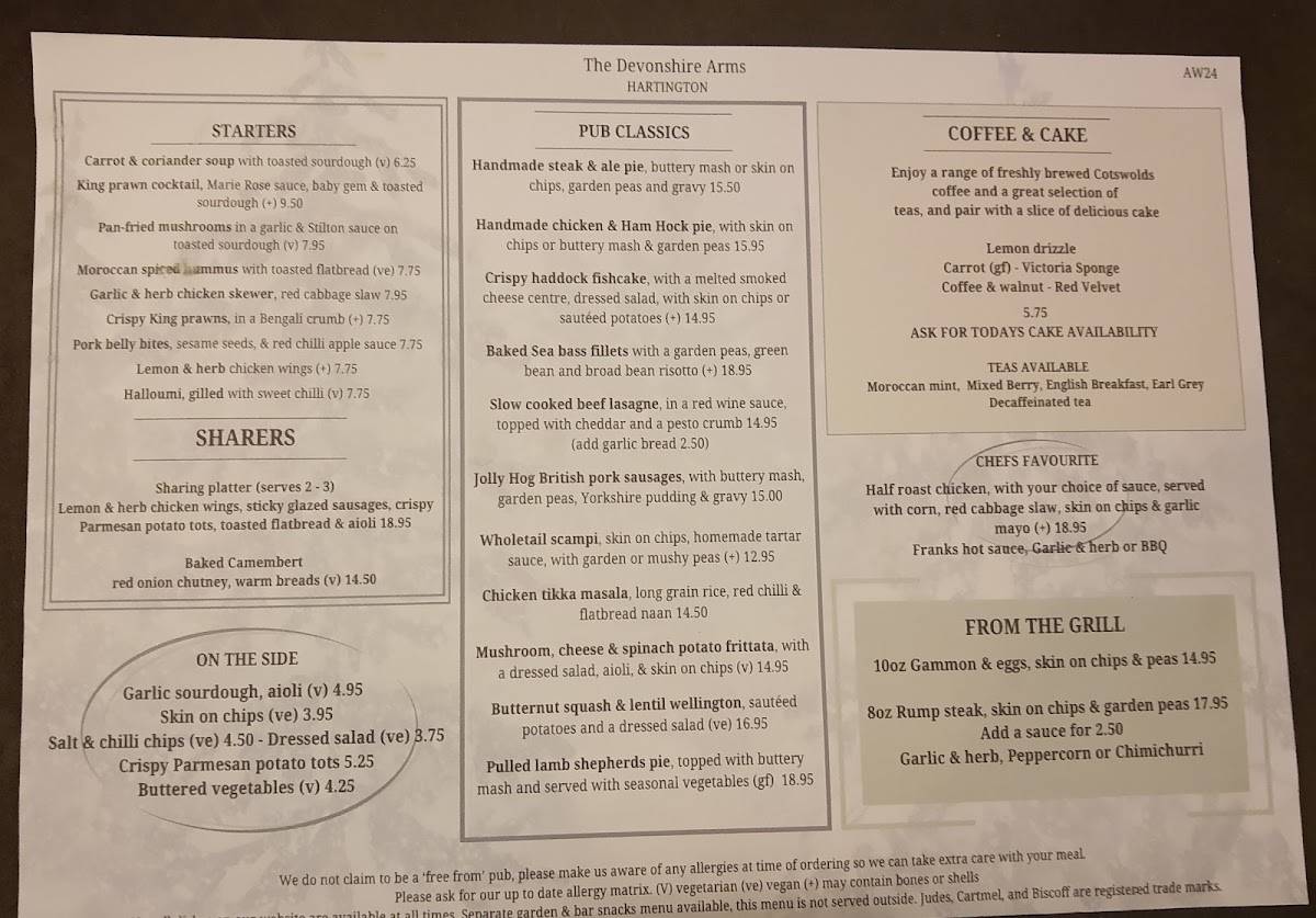 Menu at The Devonshire Arms pub & bar, Hartington, Market Place