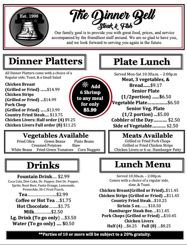 Menu at The Dinner Bell Steak & Fish restaurant, Corinth, S Harper Rd #6645