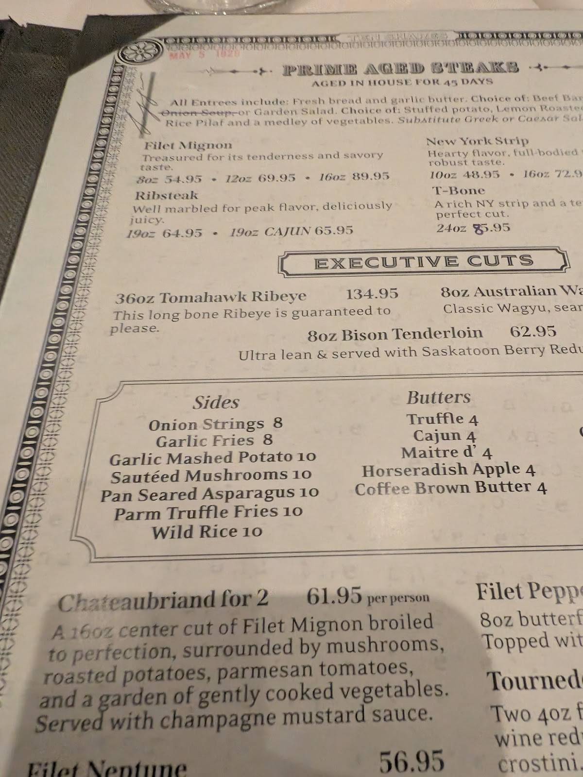 Menu at The Diplomat Steakhouse, Regina