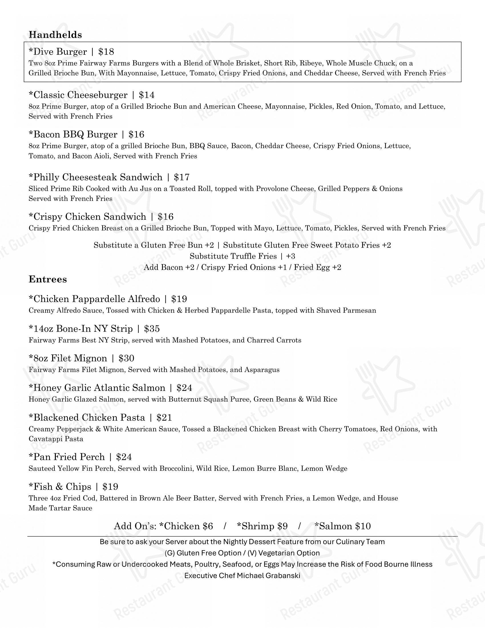 Menu at The Dive pub & bar, Saint Clair
