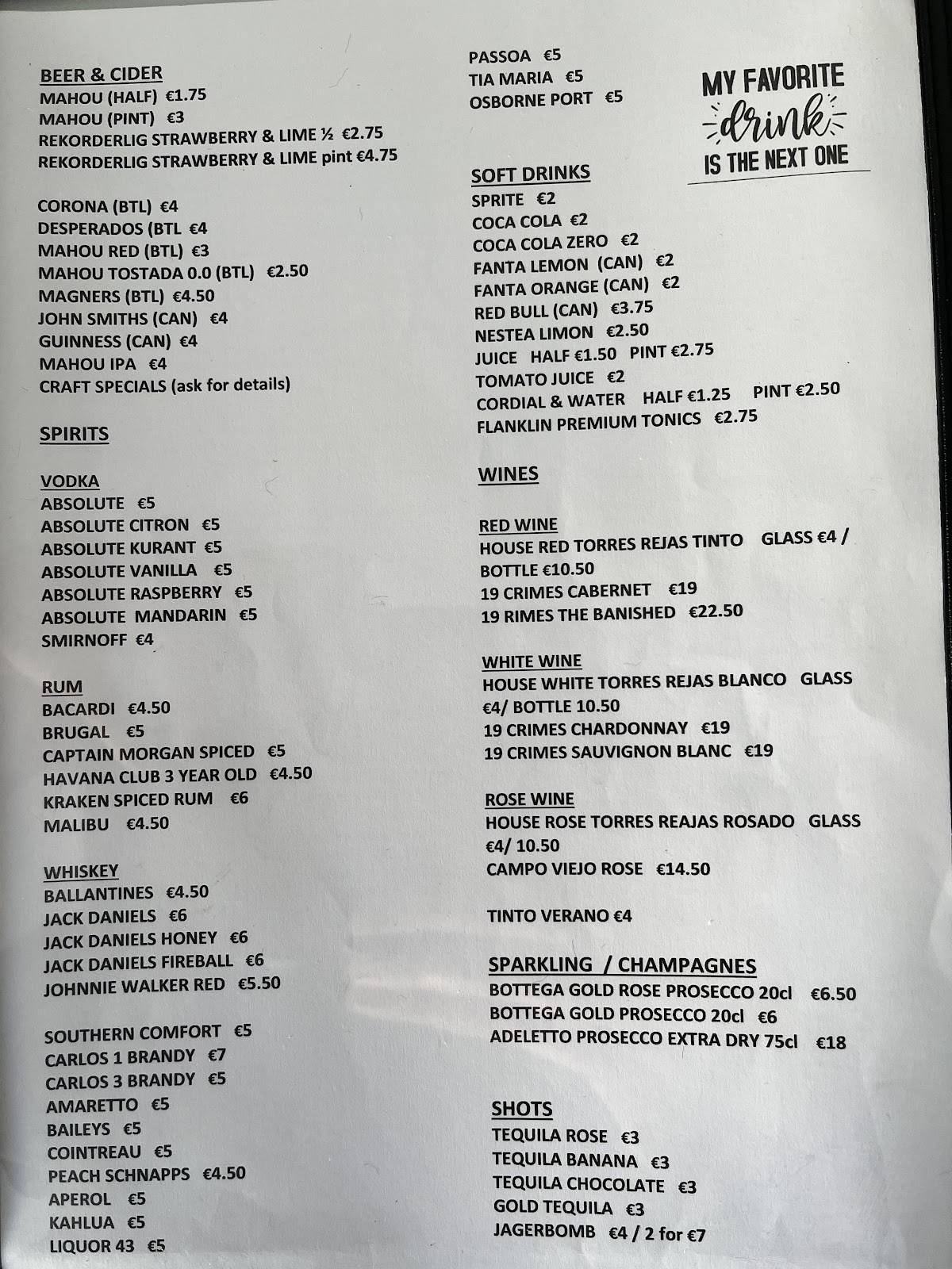 Menu at The Dizzy Donkey pub & bar, Benalmádena
