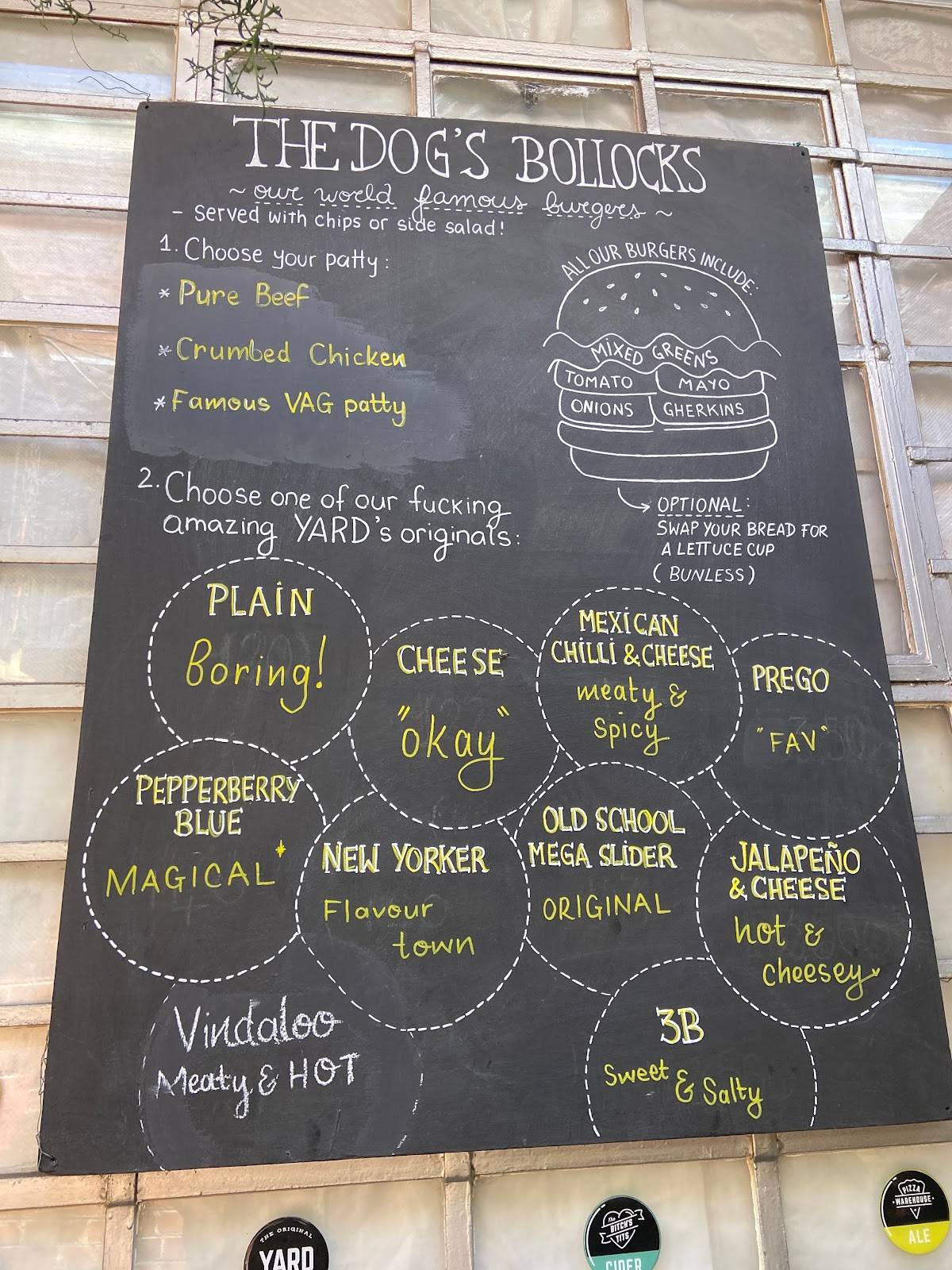 Menu at The Dog's Bollocks at YARD restaurant, Cape Town