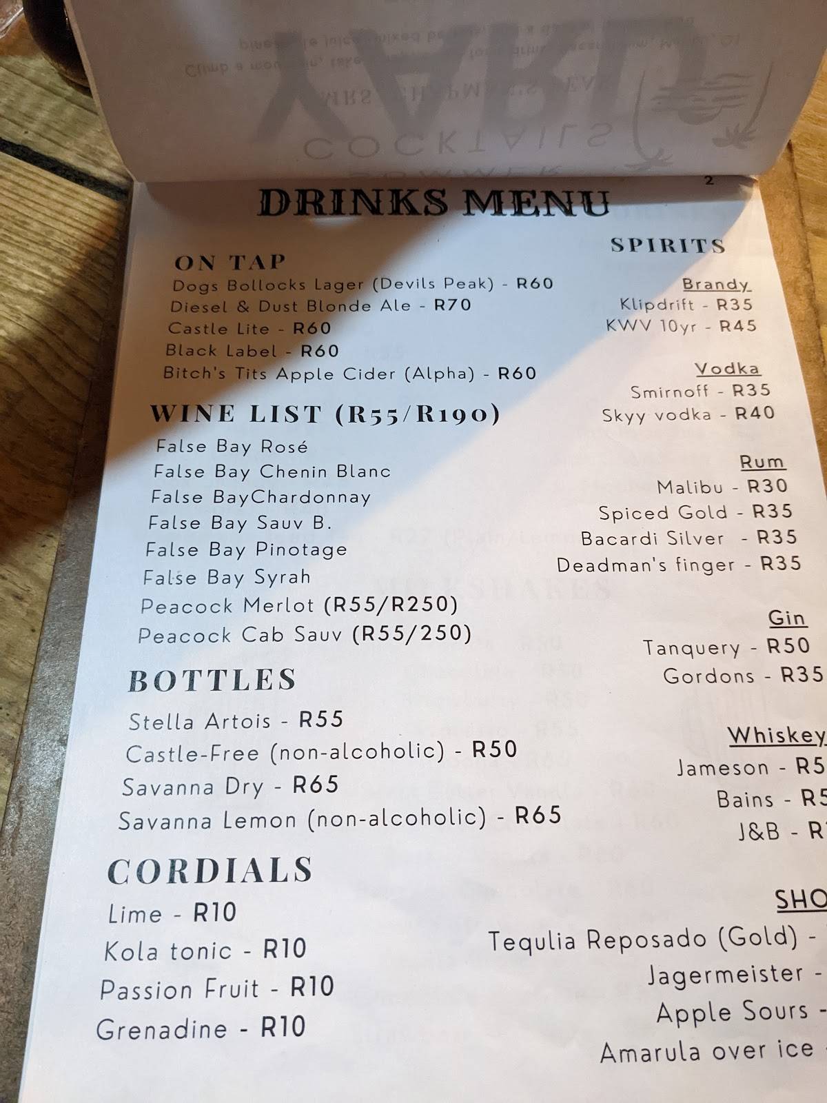 Menu at The Dog's Bollocks at YARD restaurant, Cape Town