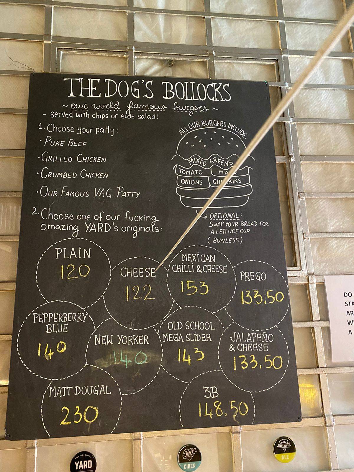 Menu at The Dog's Bollocks at YARD restaurant, Cape Town