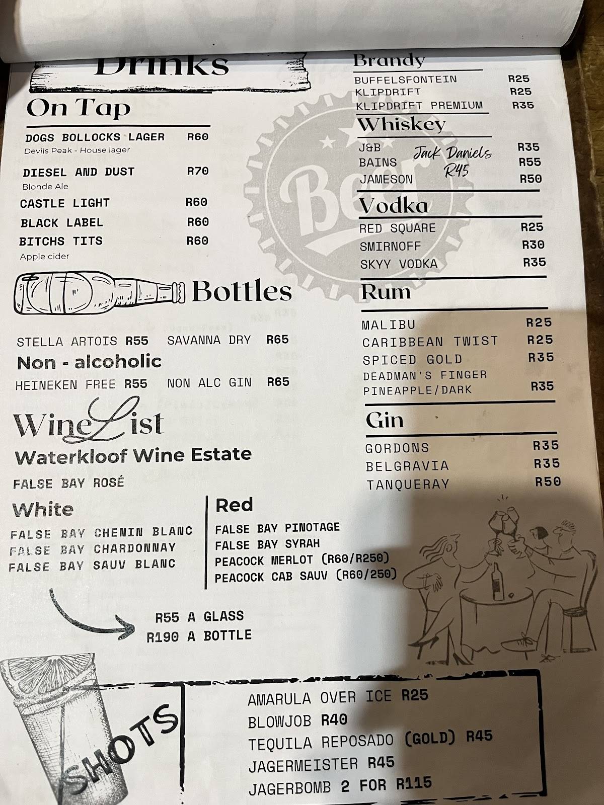 Menu at The Dog's Bollocks at YARD restaurant, Cape Town
