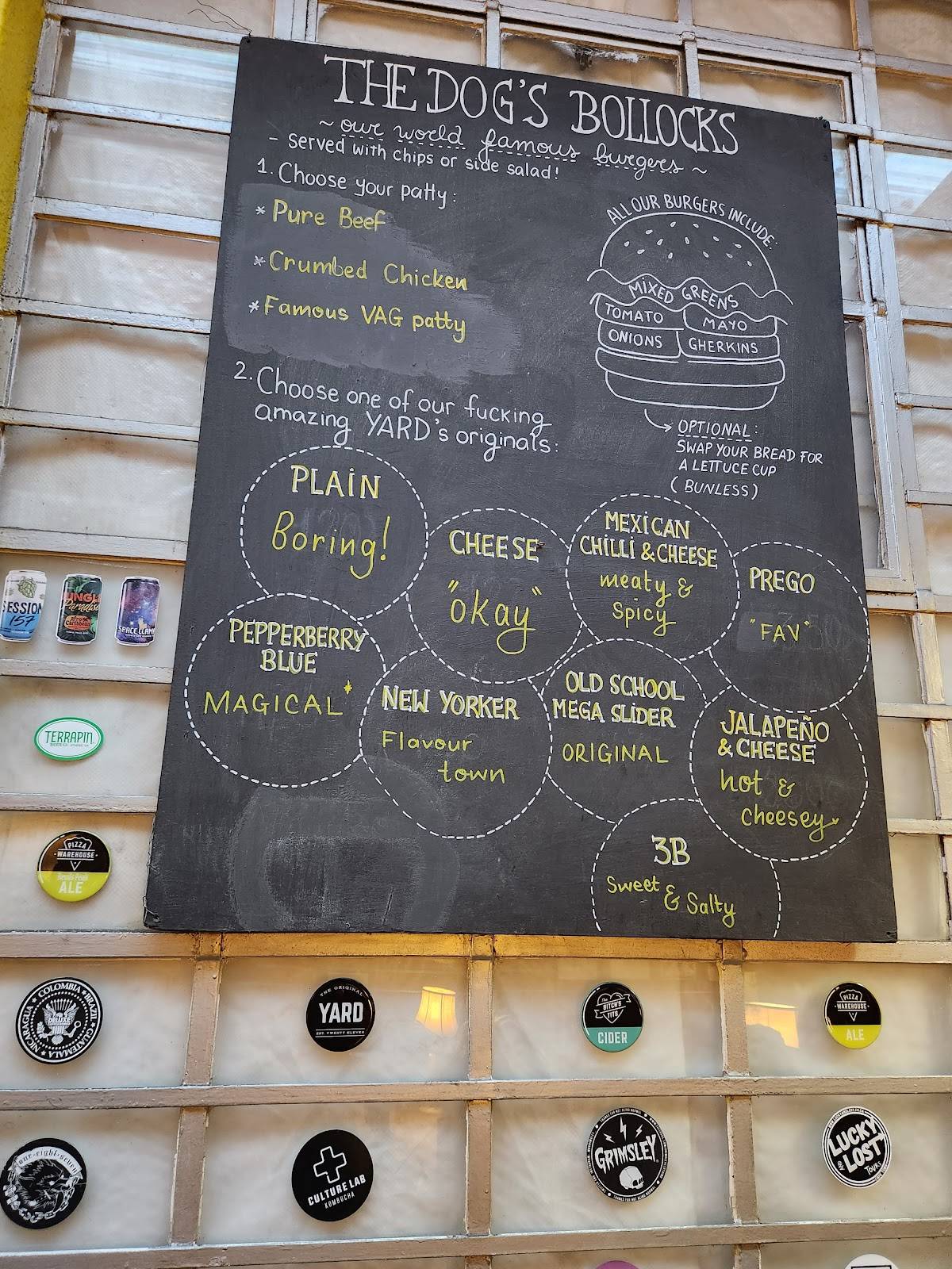 Menu at The Dog's Bollocks at YARD restaurant, Cape Town
