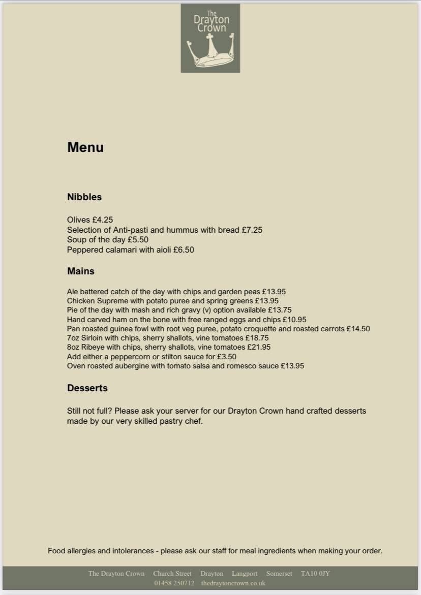 Menu at The Drayton Crown pub & bar, Langport