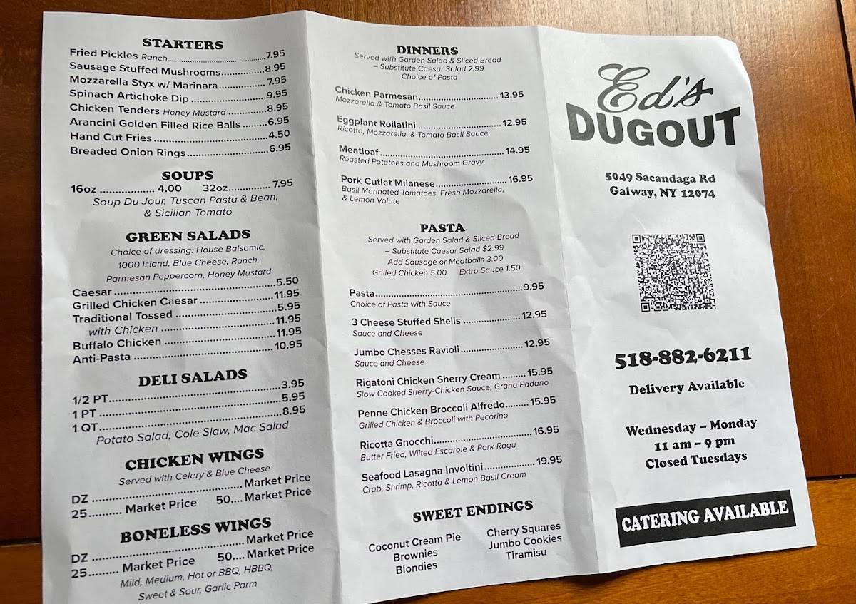 Menu at The Dugout Galway pizzeria, Galway
