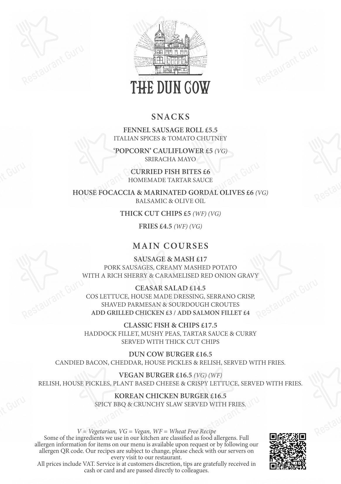 Menu at The Dun Cow pub & bar, Sunderland