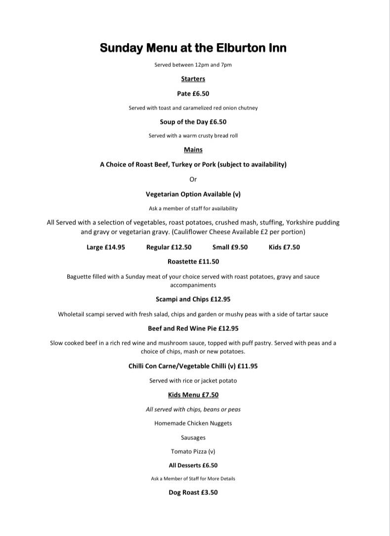 Menu at The Elburton Inn pub & bar, Plymouth
