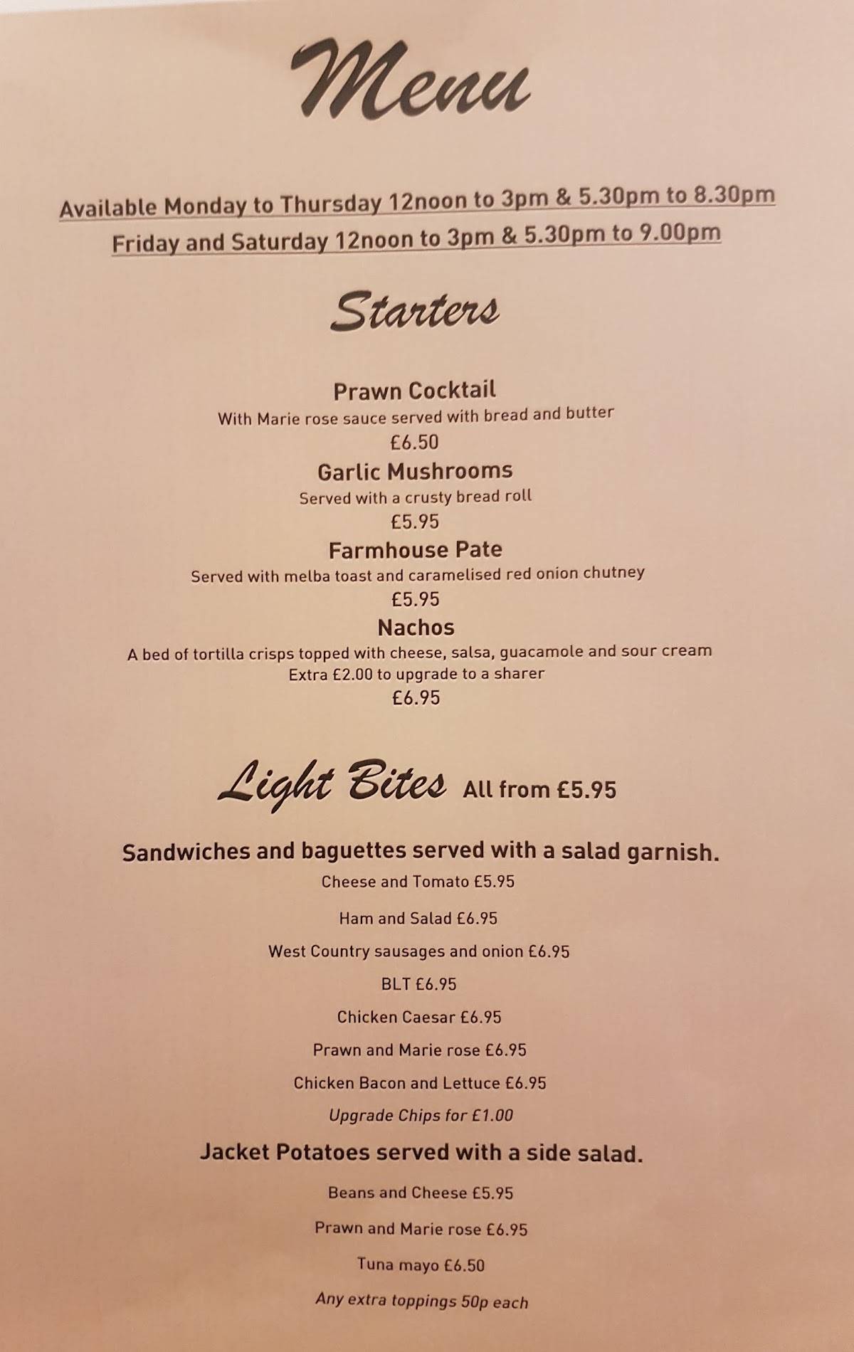 Menu at The Elburton Inn pub & bar, Plymouth