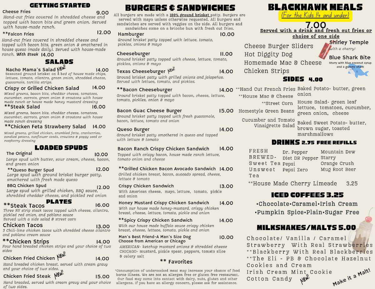 Menu at The Falcon restaurant, Bushland