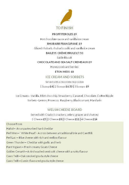Menu at The Falcondale hotel and restaurant, Lampeter
