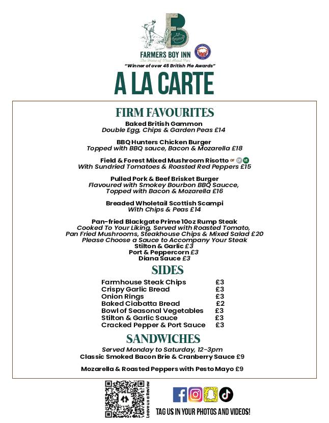 Menu at The Farmers Boy Inn pub & bar, Longhope