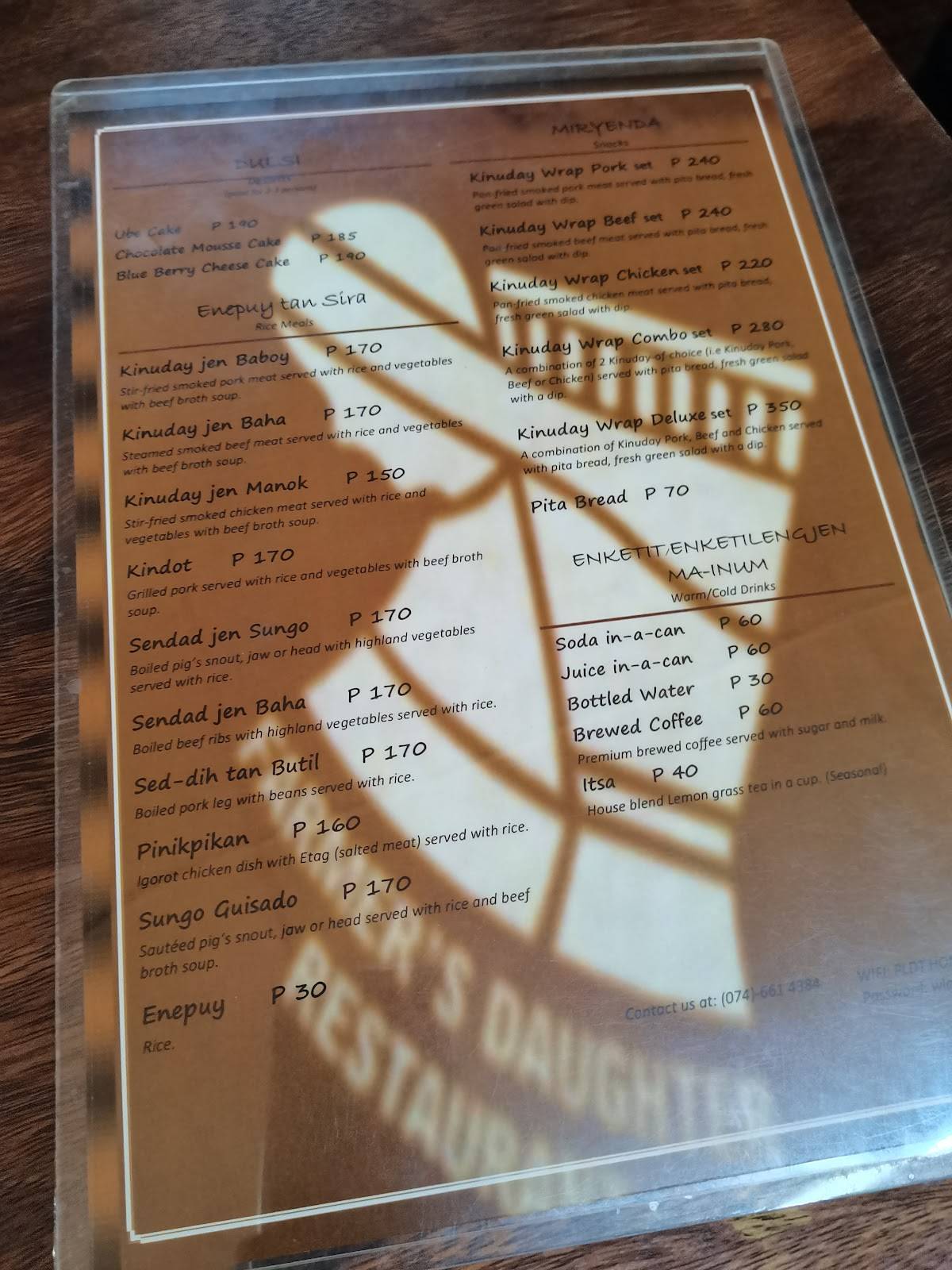 Menu at The Farmer's Daughter Restaurant, Baguio