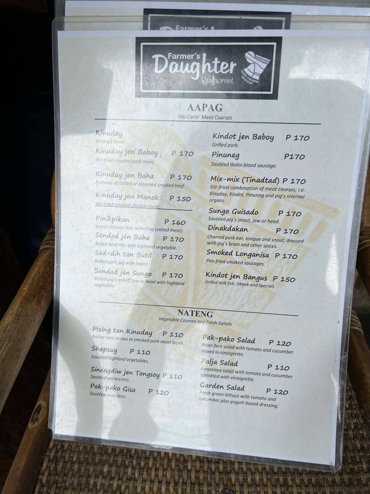 Menu at The Farmer's Daughter Restaurant, Baguio