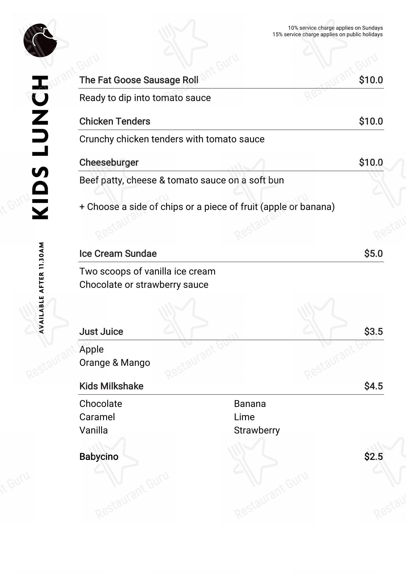 Menu at The Fat Goose Killcare restaurant, Killcare