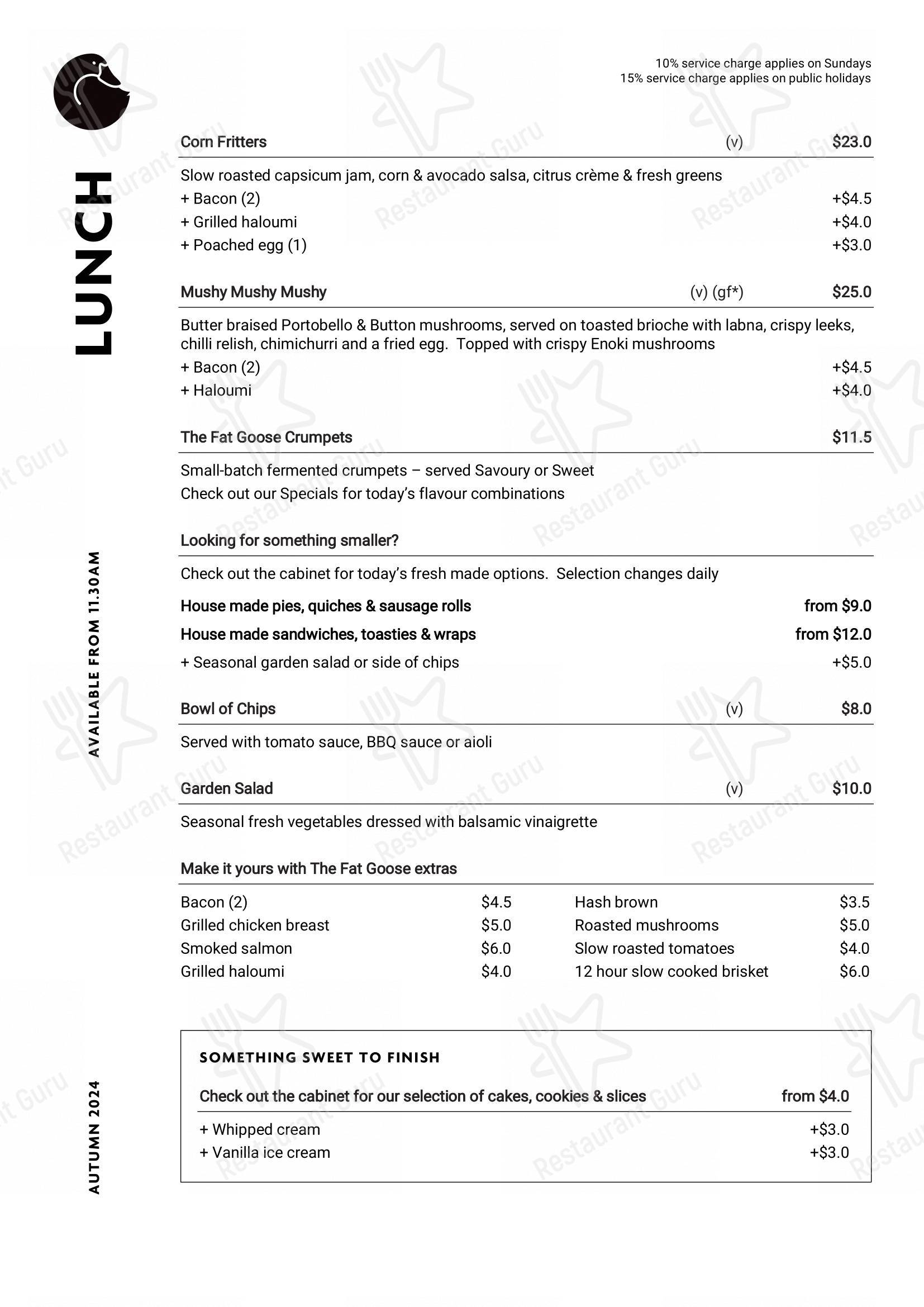 Menu at The Fat Goose Killcare restaurant, Killcare