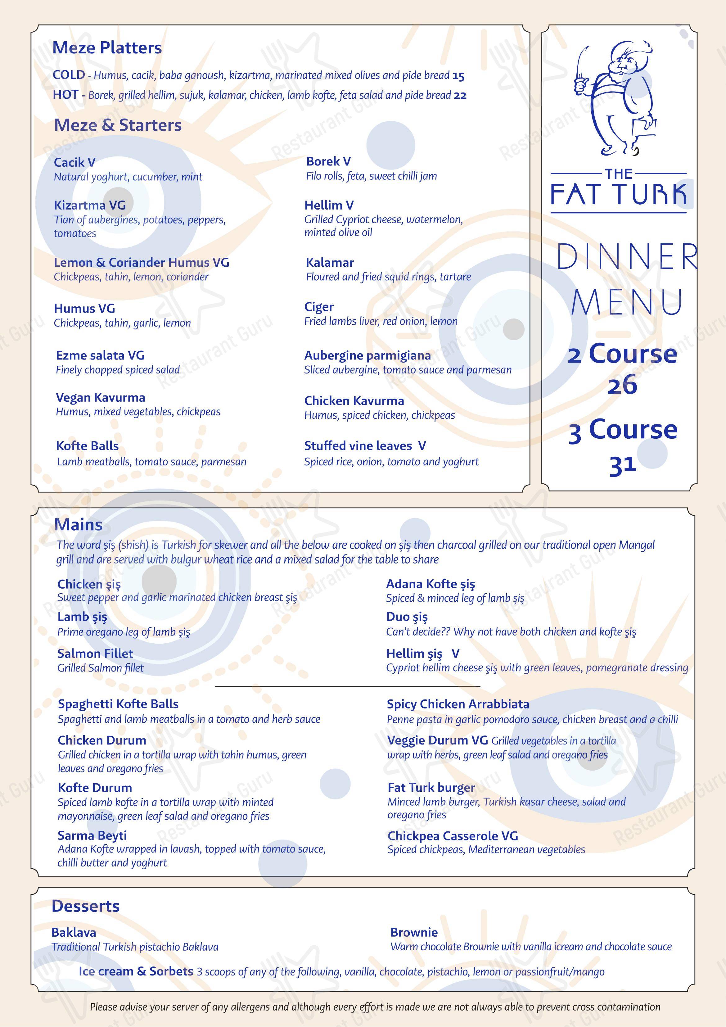 Menu at The Fat Turk restaurant, Brentwood