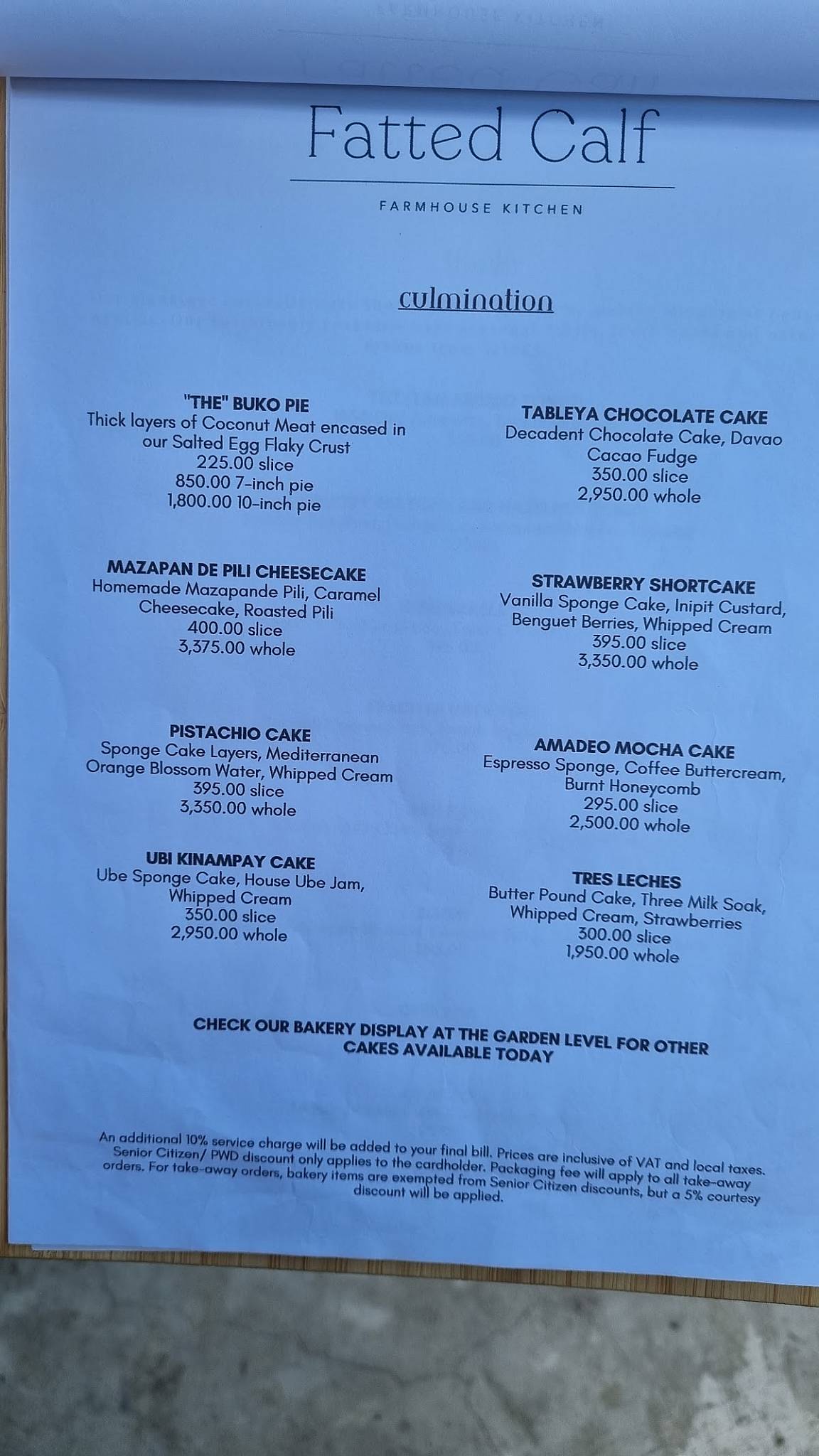 Menu at The Fatted Calf Tagaytay restaurant, Silang