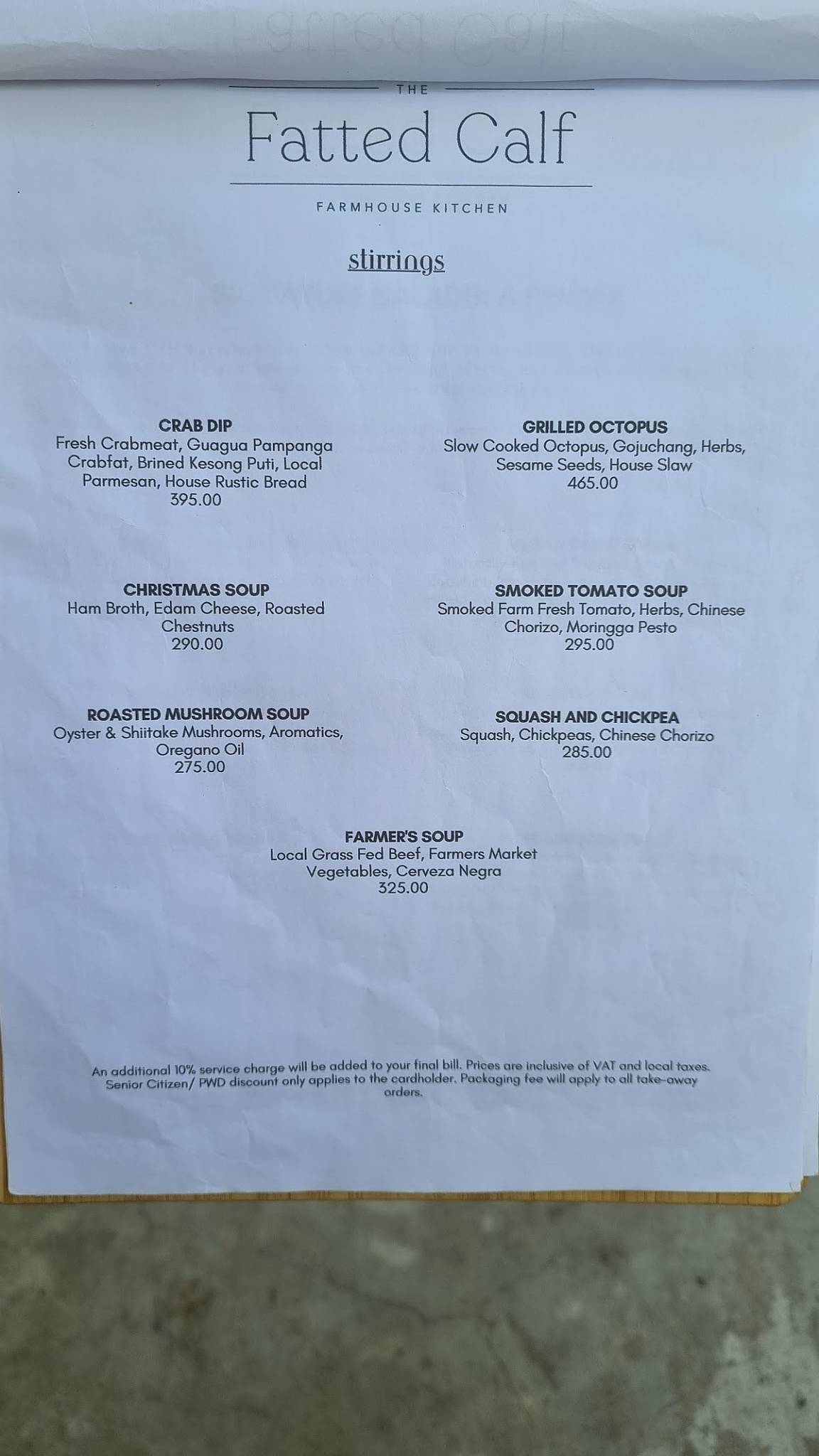Menu at The Fatted Calf Tagaytay restaurant, Silang