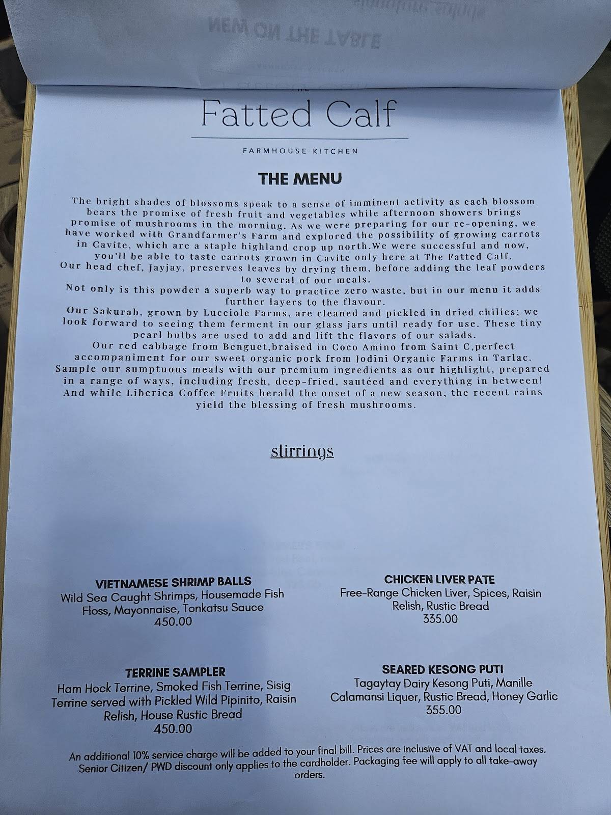 Menu at The Fatted Calf Tagaytay restaurant, Silang