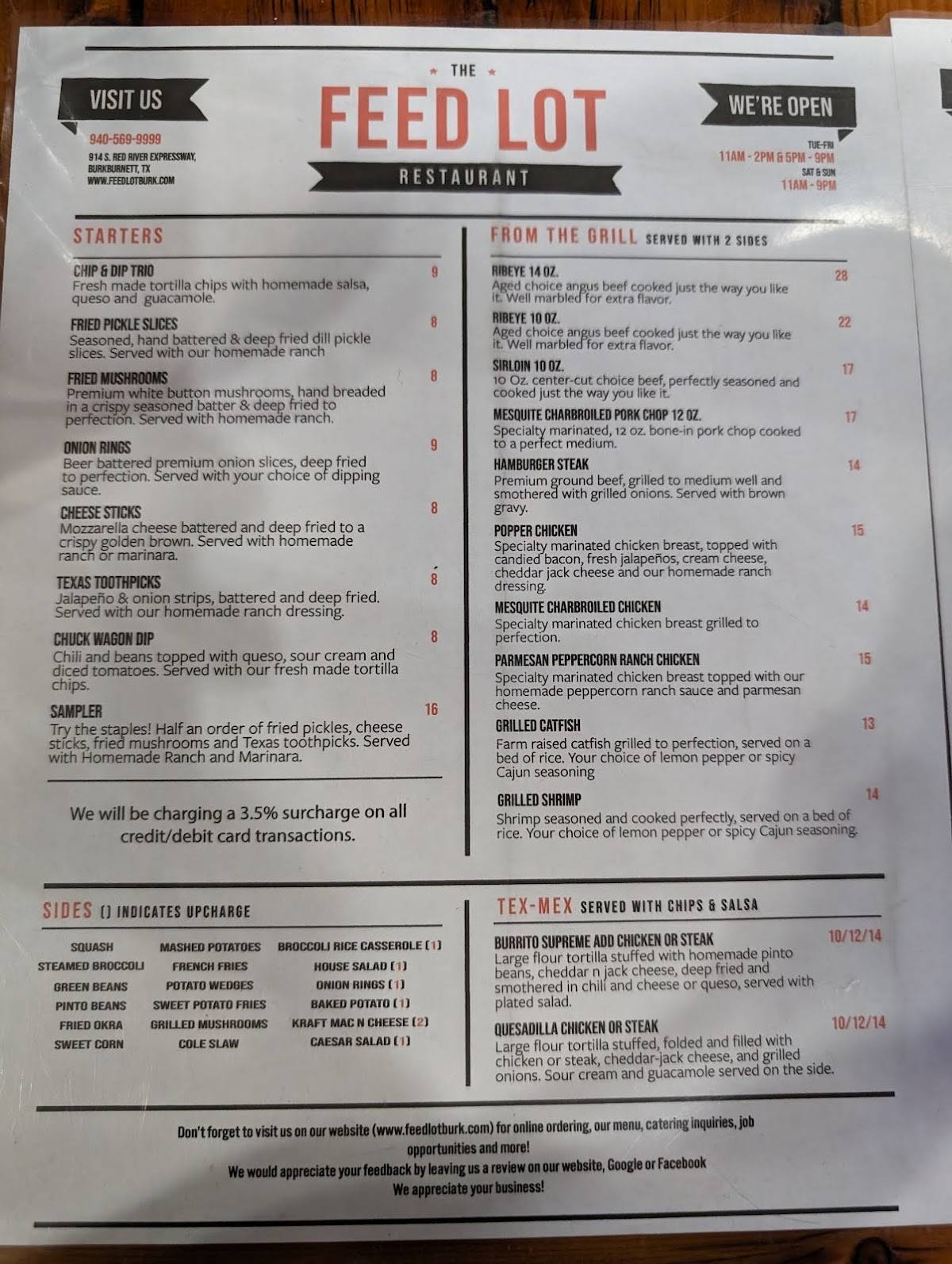 Menu at The Feed Lot Restaurant, Burkburnett