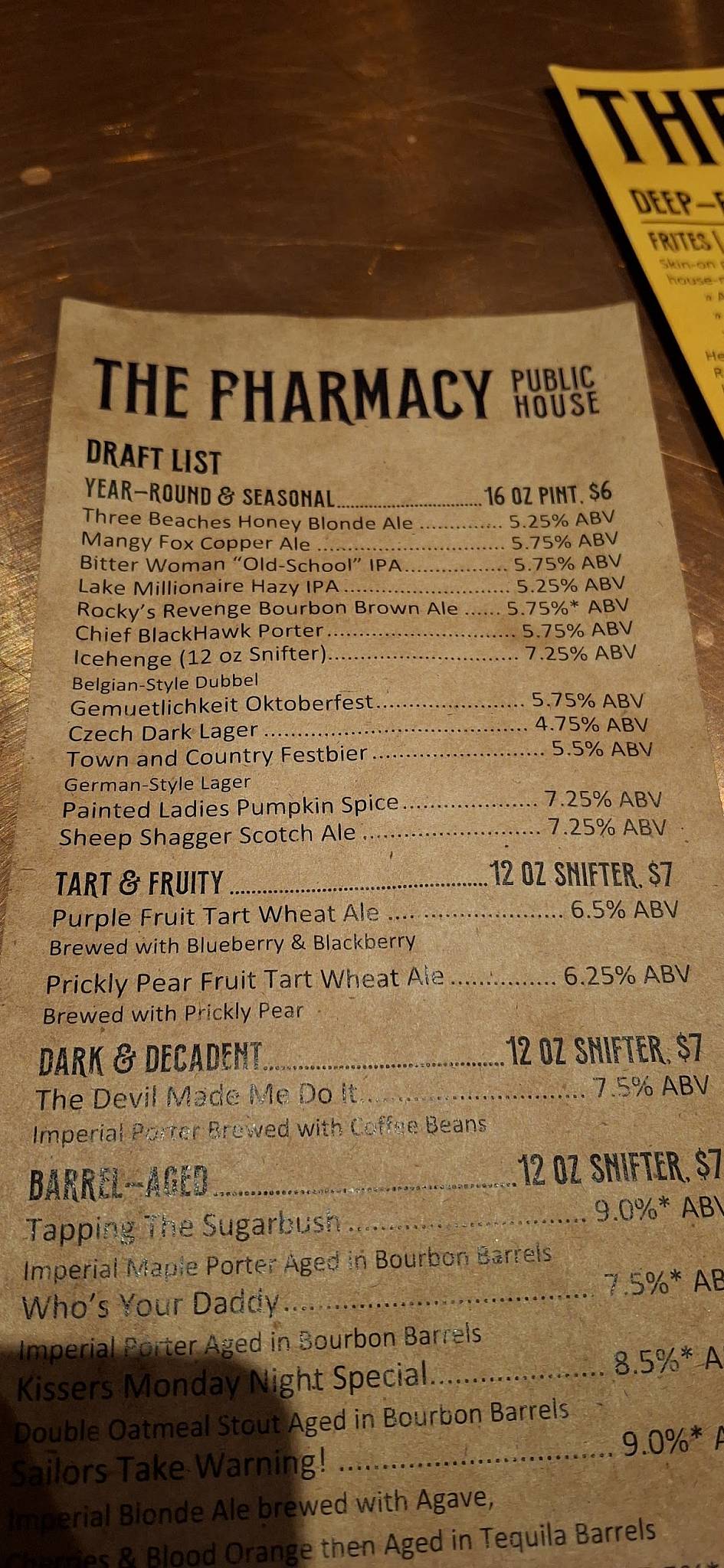 Menu at The Fharmacy Public House (Tyranena Brewing Co), Lake Mills