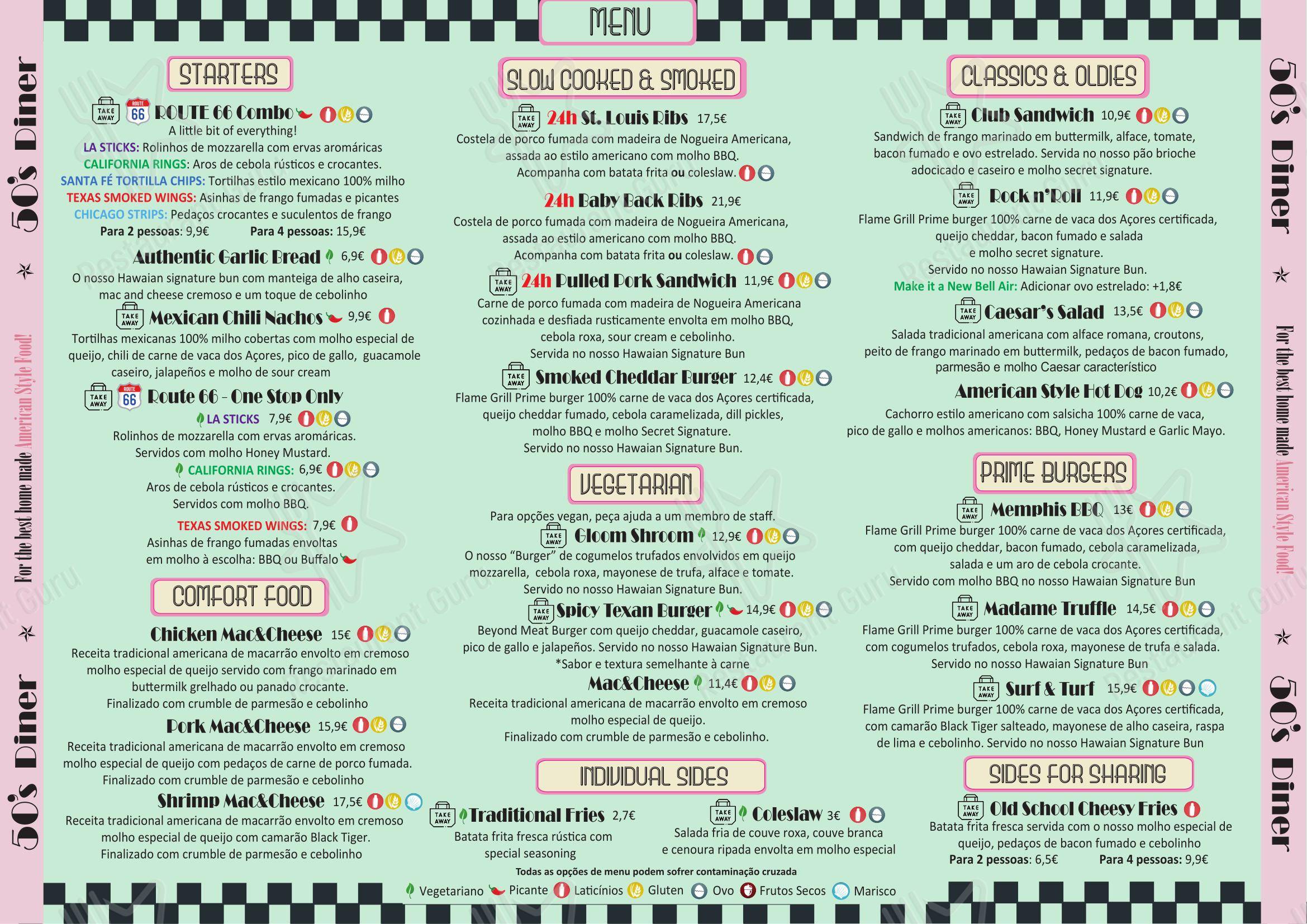 Menu at The Fifties Diner restaurant, Lisbon