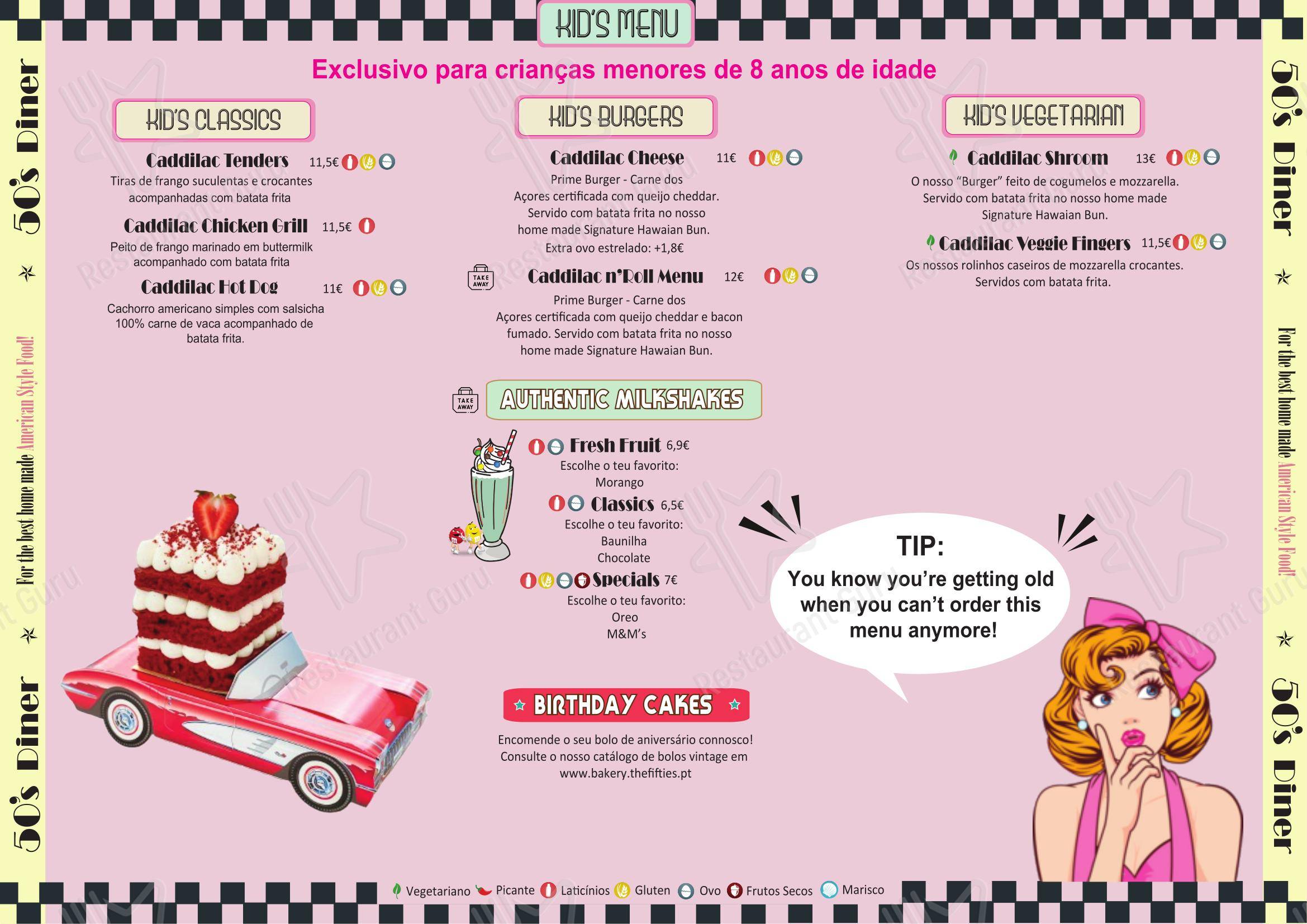 Menu at The Fifties Diner restaurant, Lisbon
