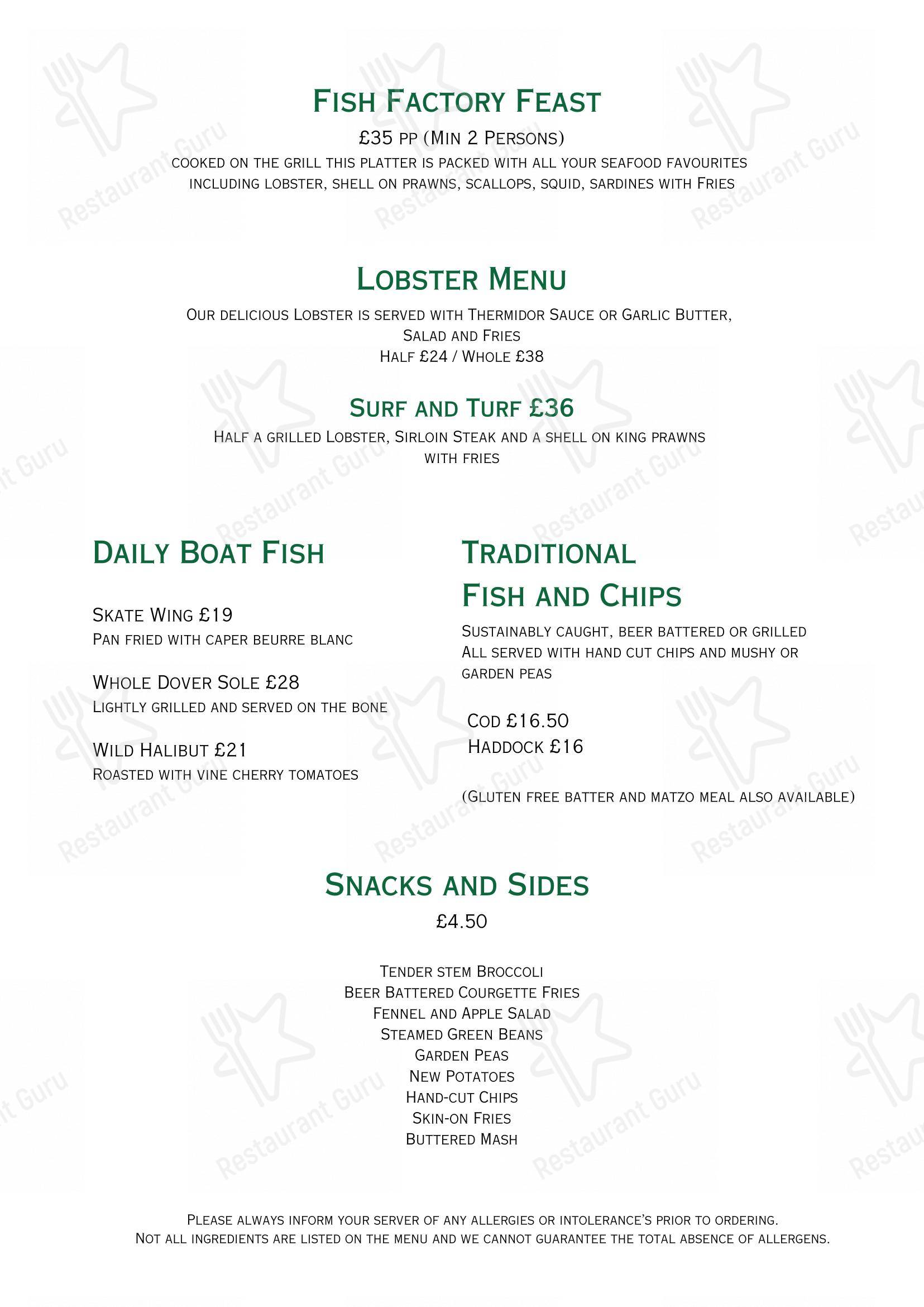 Menu at The Fish Factory restaurant, Worthing