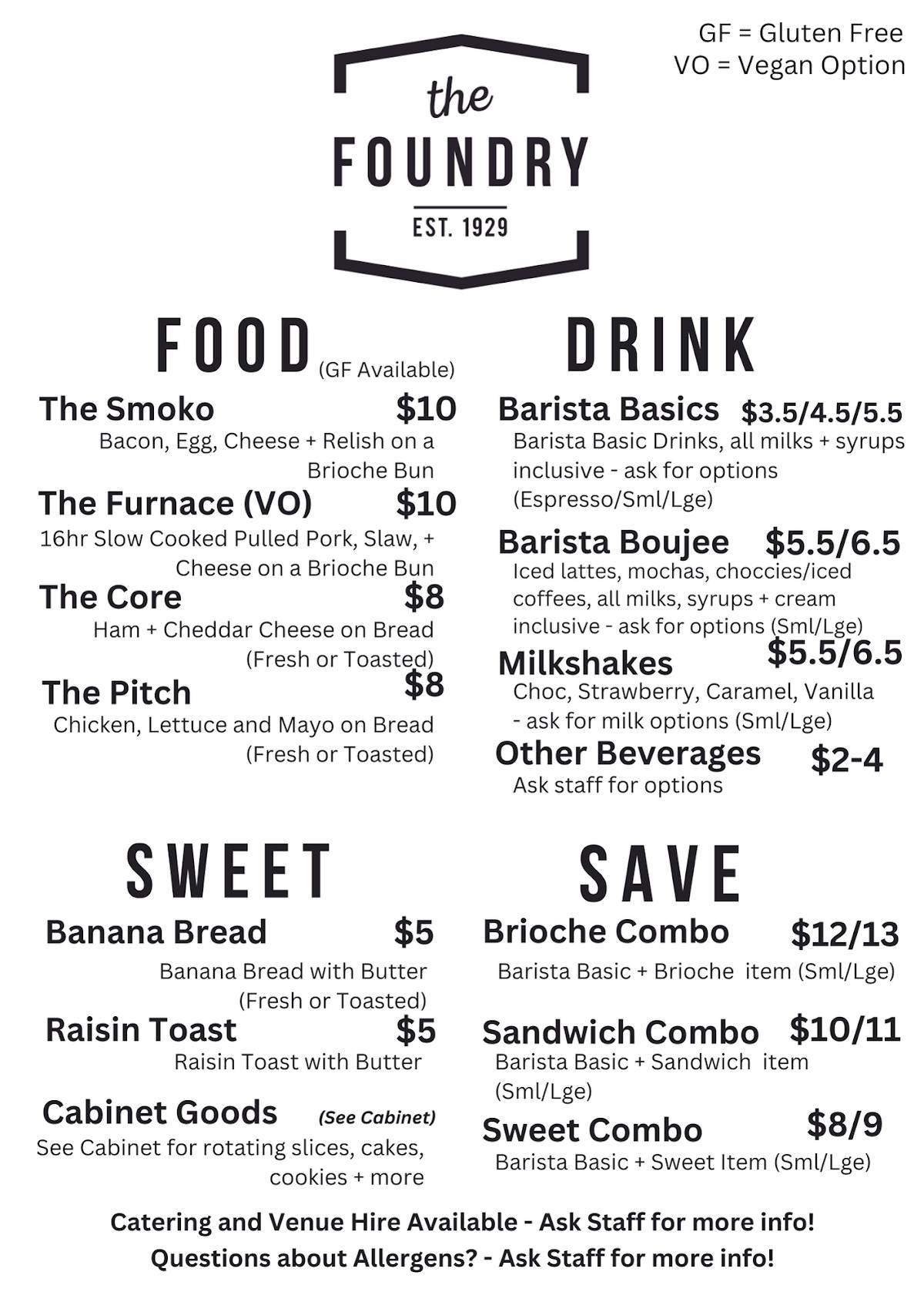 Menu at The Foundry Cafe, Brassall
