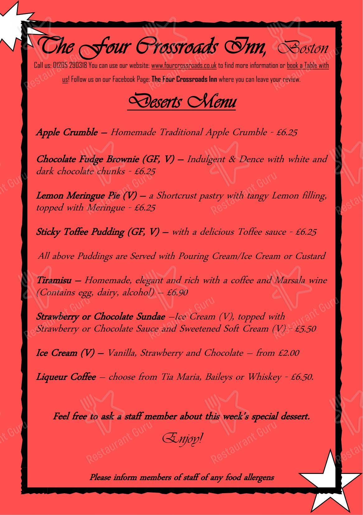 Menu at The Four Crossroads Inn, Boston, UK pub & bar, Boston