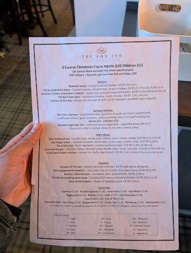 Menu at The Fox Inn restaurant, Chaddesley Corbett