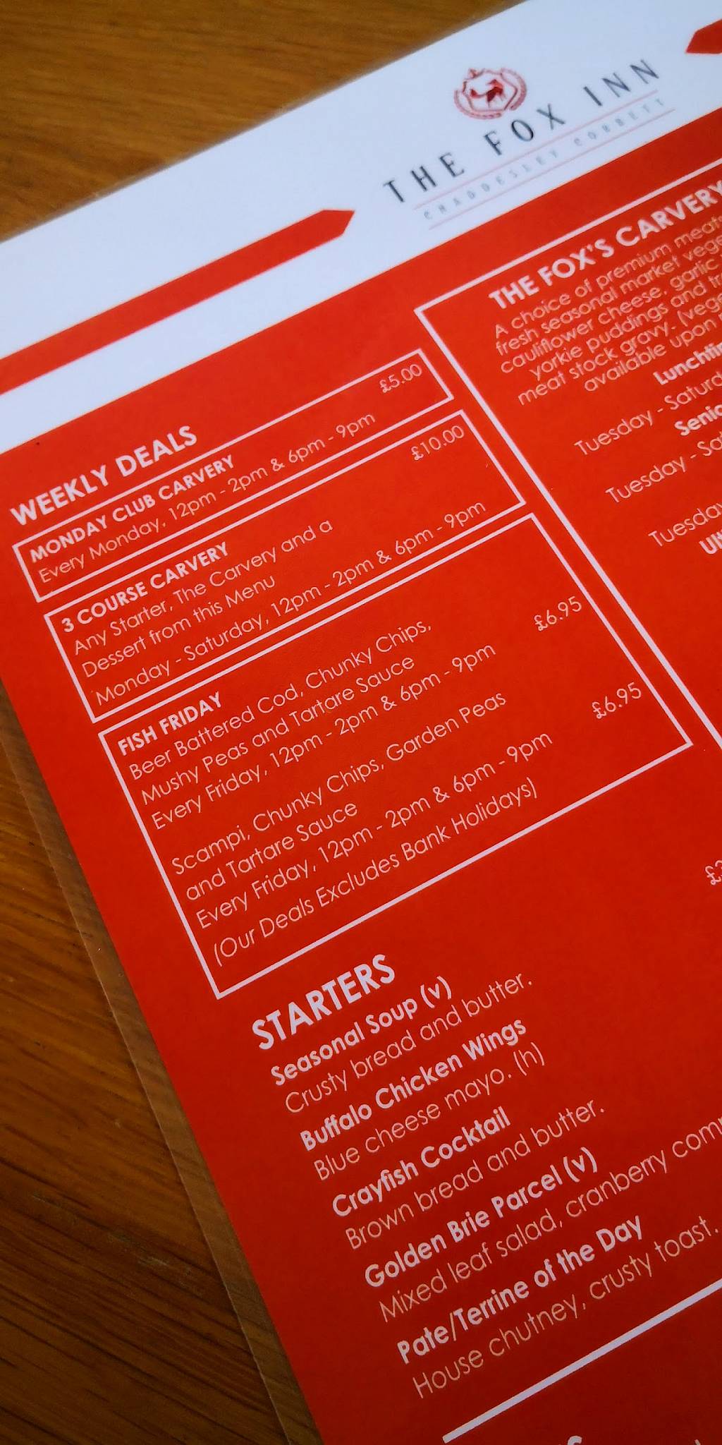 Menu at The Fox Inn restaurant, Chaddesley Corbett