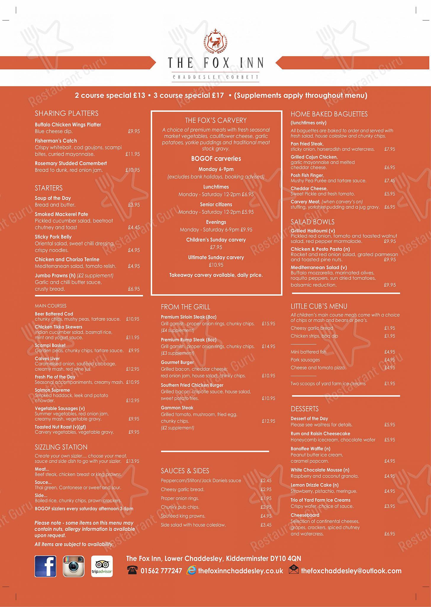 Menu at The Fox Inn restaurant, Chaddesley Corbett