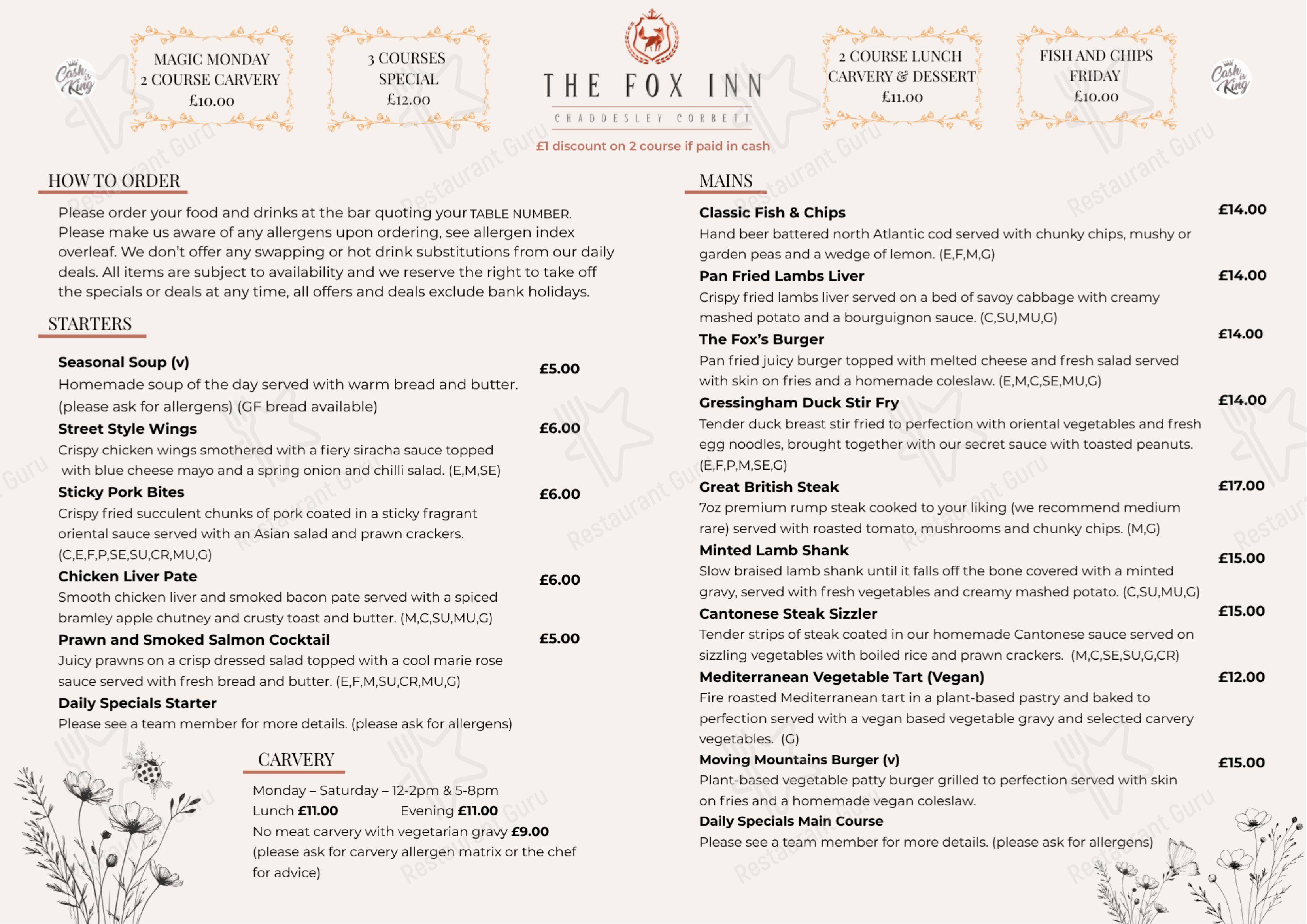 Menu at The Fox Inn restaurant, Chaddesley Corbett